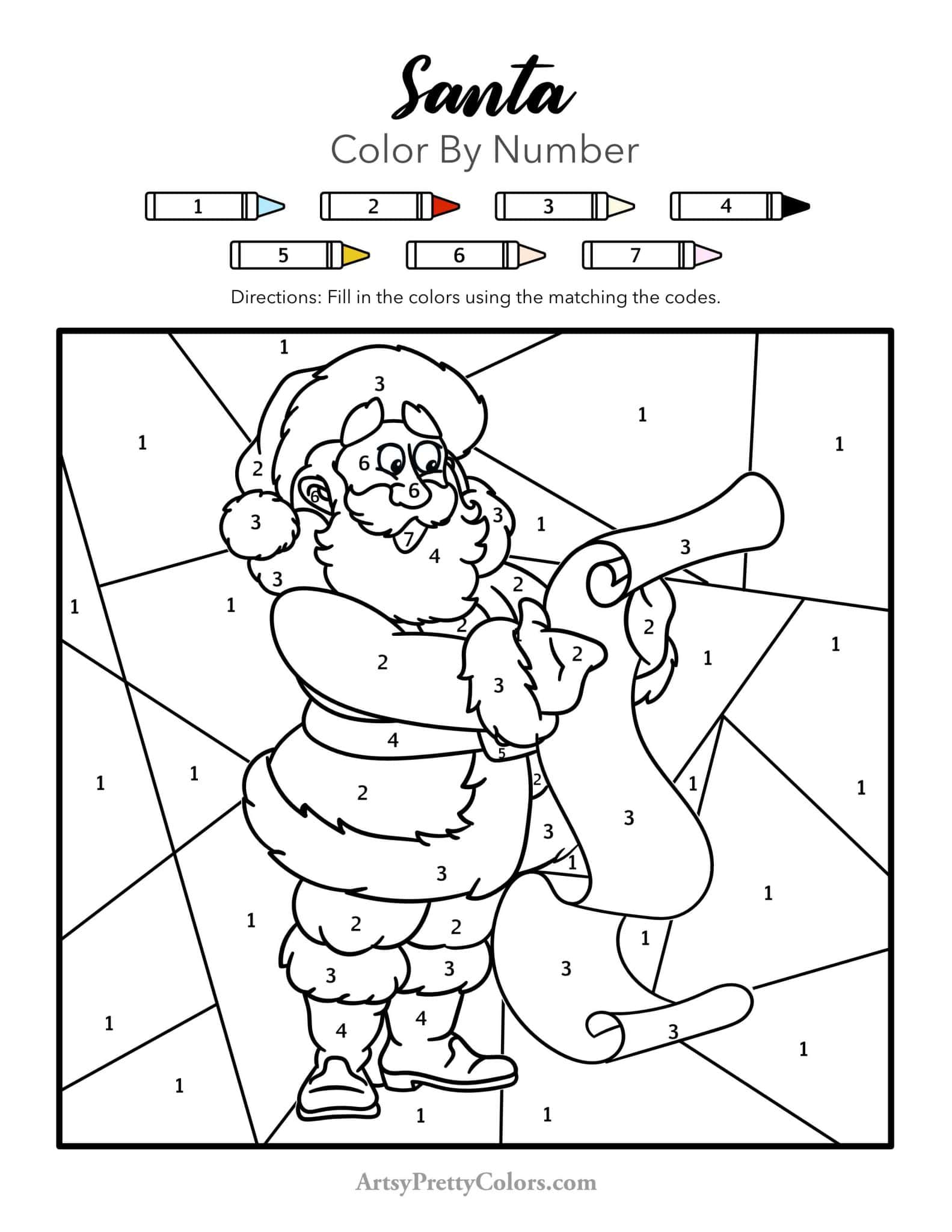 Santa Color By Number: Free Coloring Printables - Artsy Pretty Colors