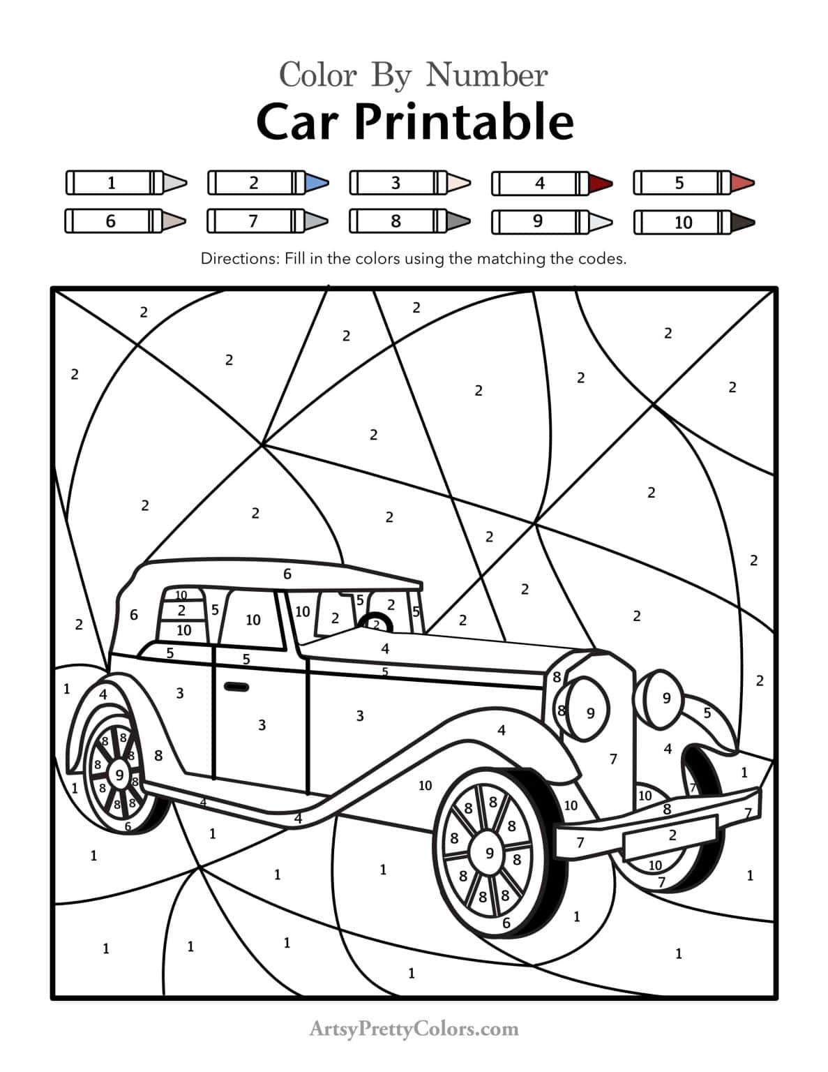 Best Color By Number Car Printables For Free - Artsy Pretty Colors