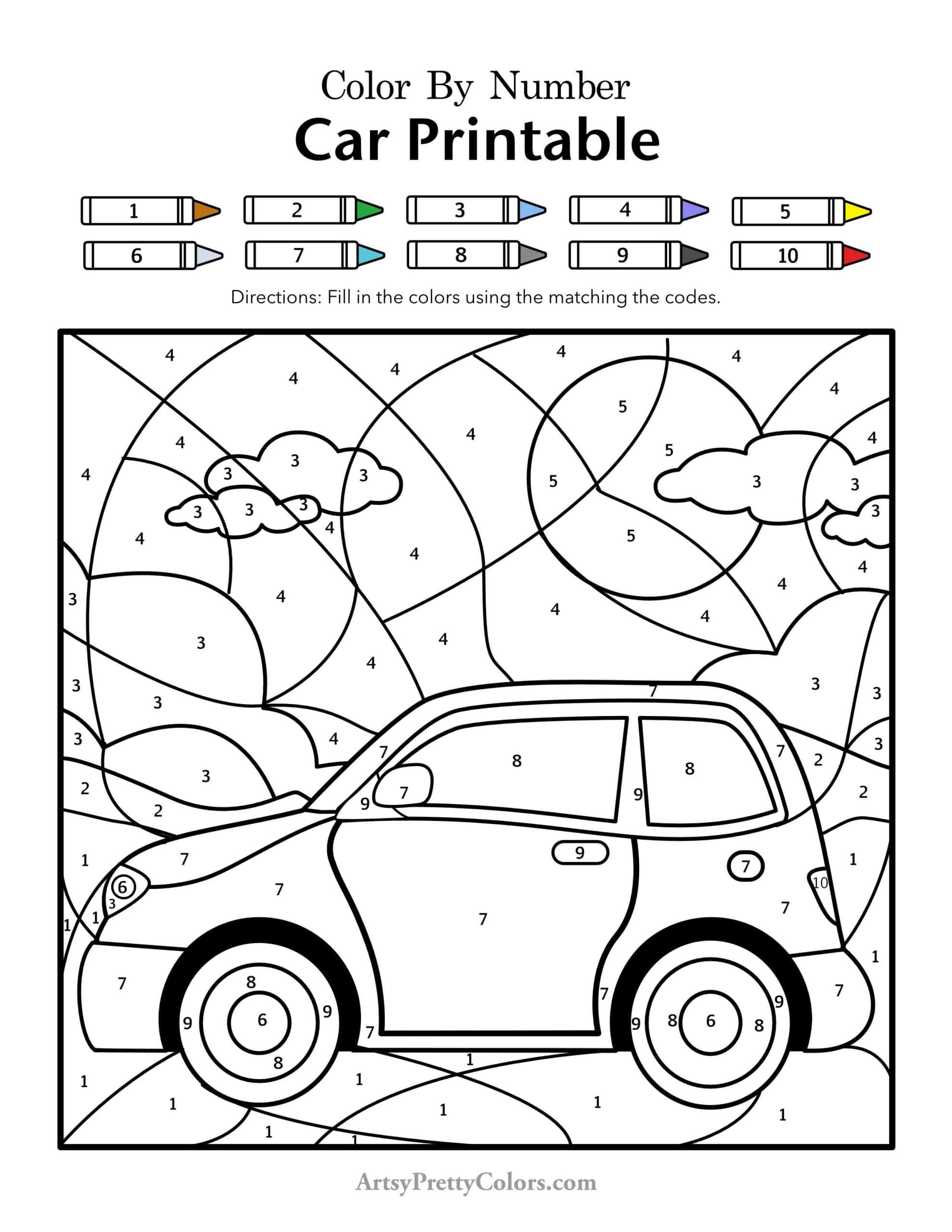 Best Color By Number Car Printables For Free - Artsy Pretty Colors