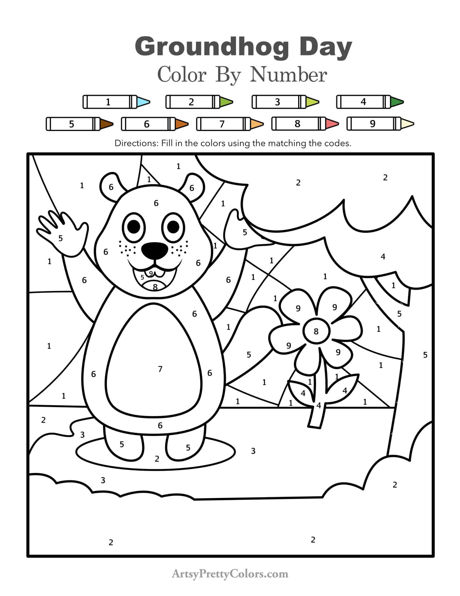 Free Groundhog Day Color By Number Coloring Pages - Artsy Pretty Colors
