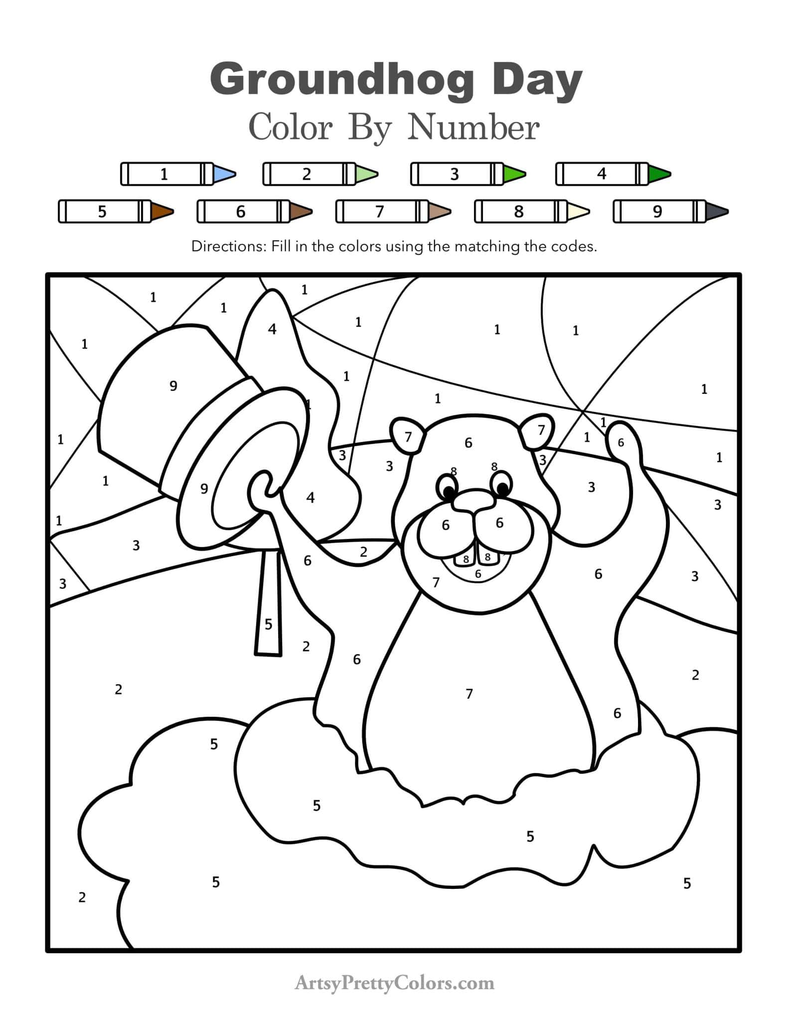 Free Groundhog Day Color By Number Coloring Pages - Artsy Pretty Colors
