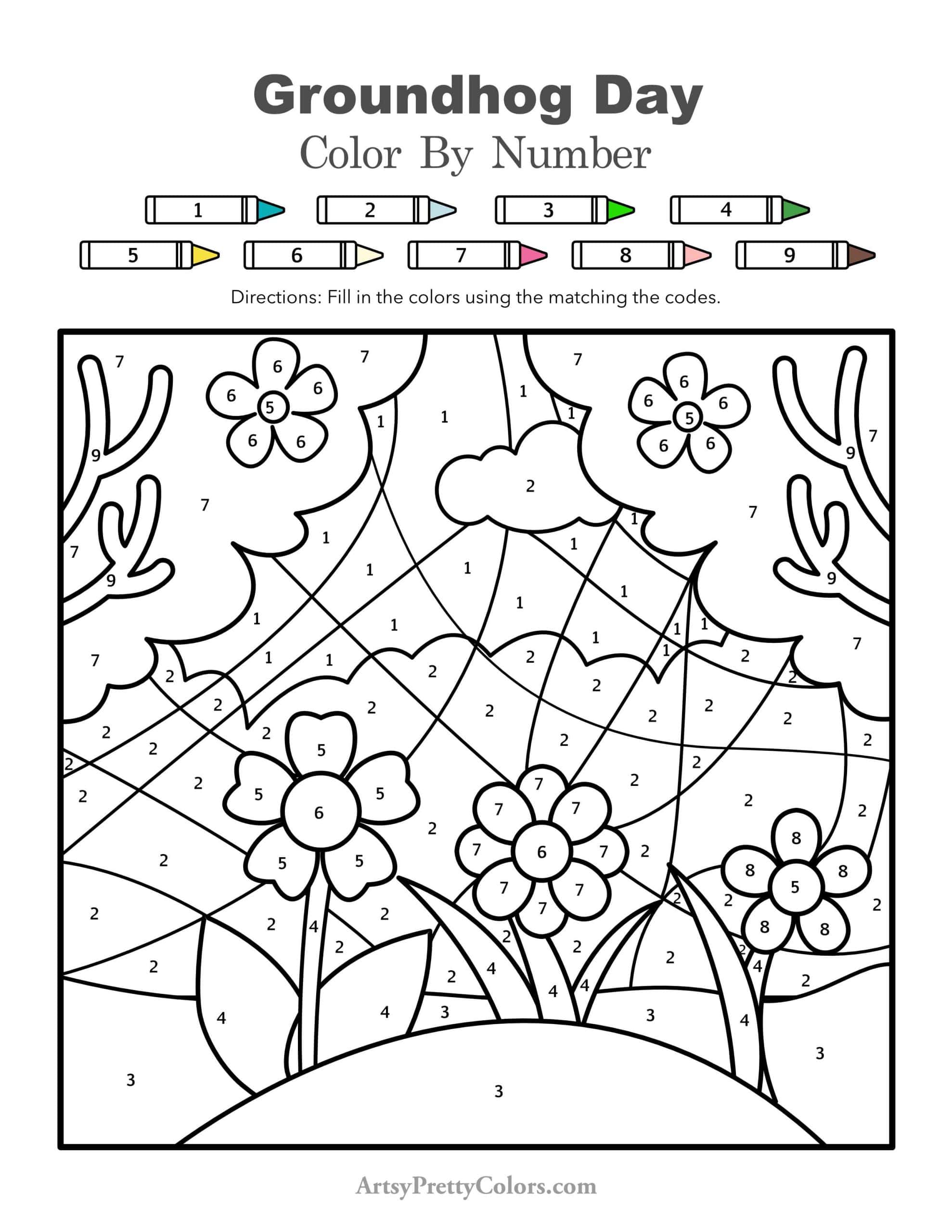 Free Groundhog Day Color By Number Coloring Pages - Artsy Pretty Colors