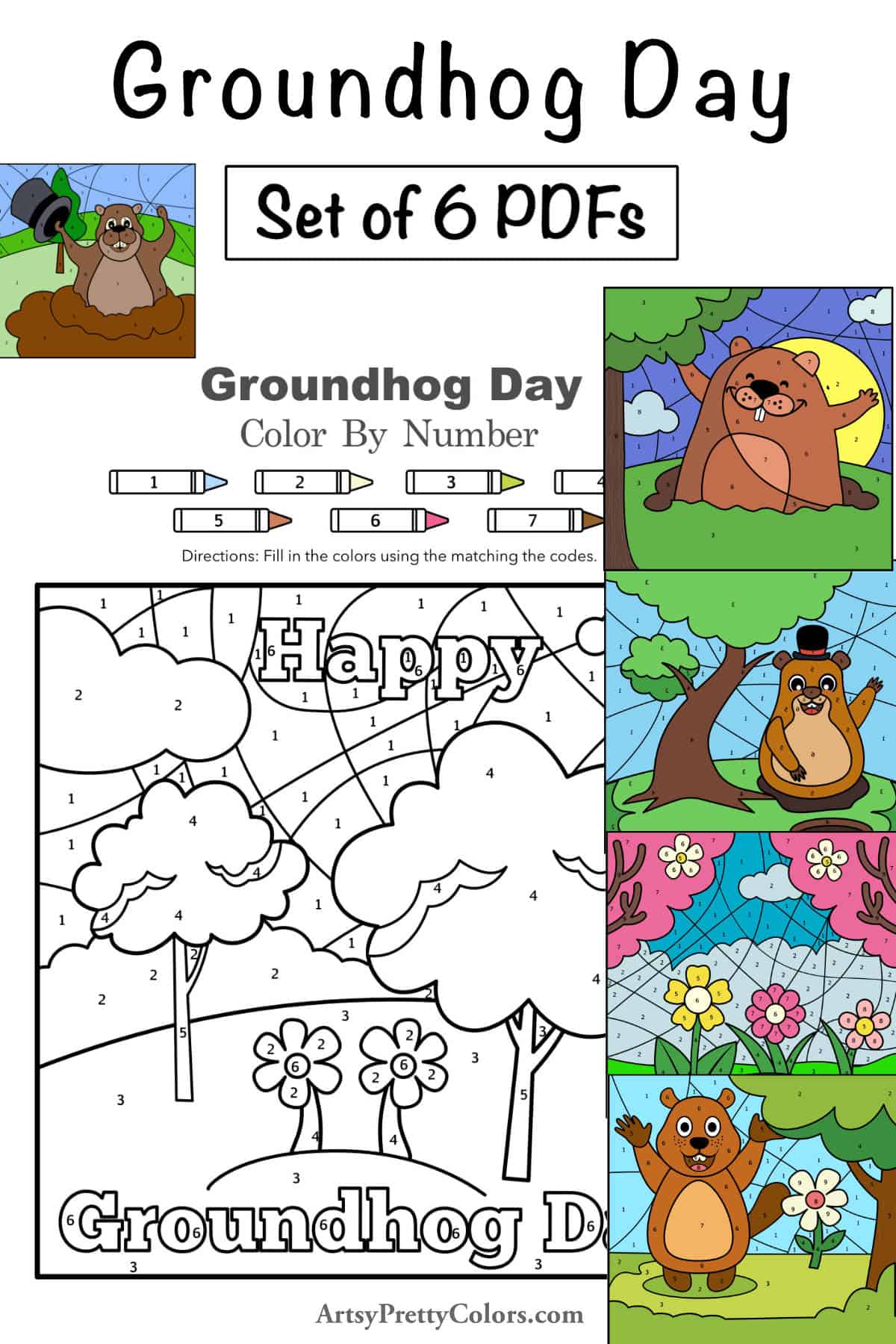 Free Groundhog Day Color By Number Coloring Pages - Artsy Pretty Colors