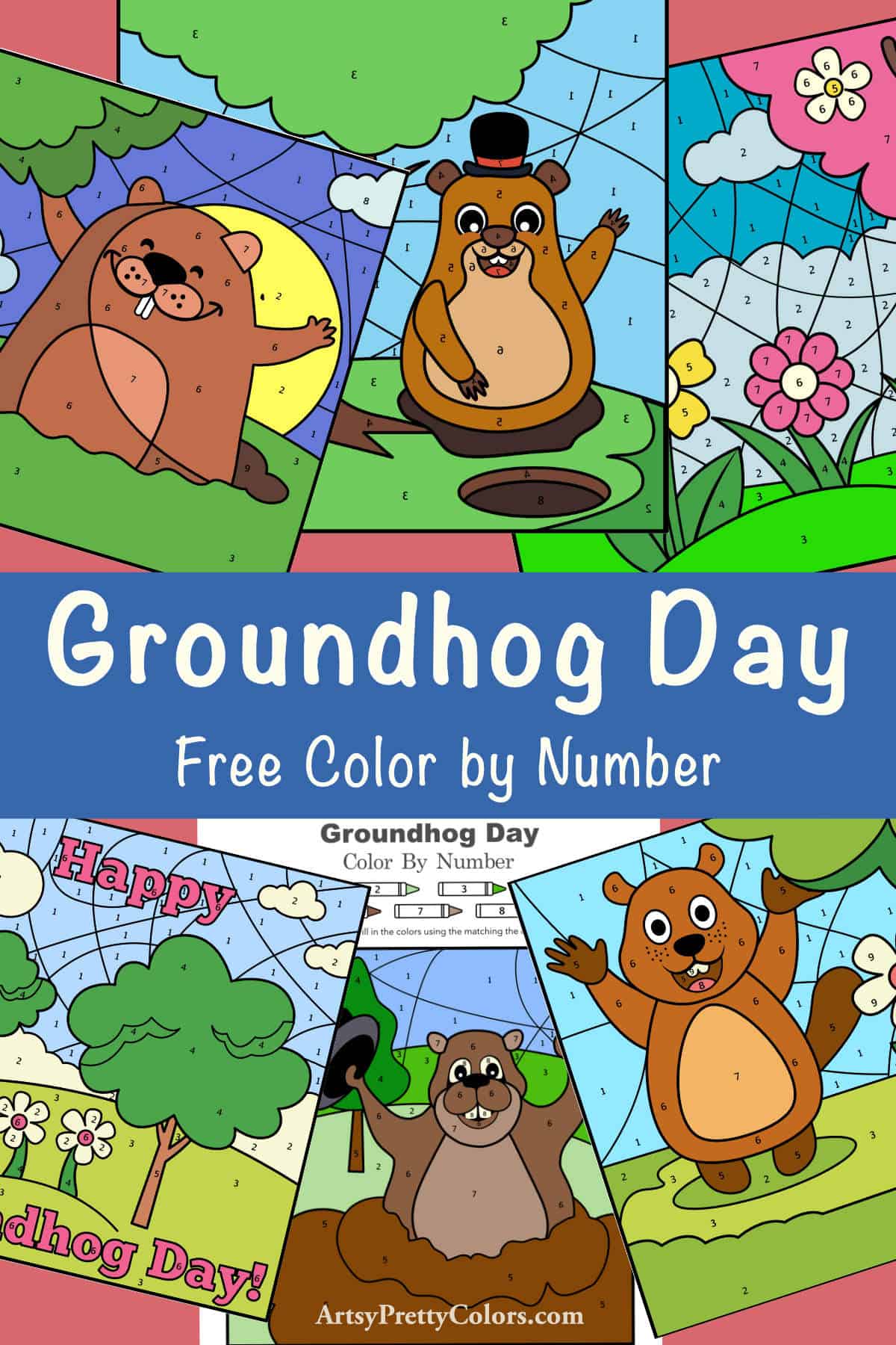 Free Groundhog Day Color By Number Coloring Pages - Artsy Pretty Colors