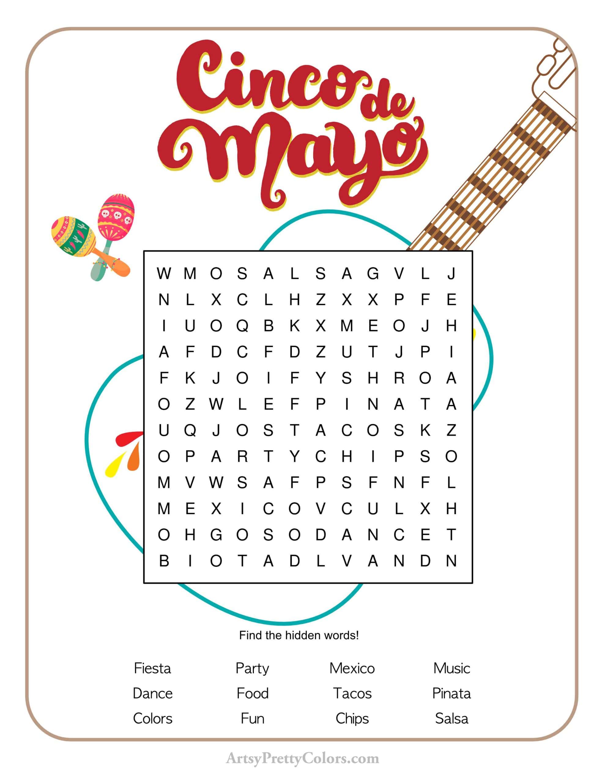 Cinco de Mayo Word Search Free Printable Puzzle - Artsy Pretty Colors