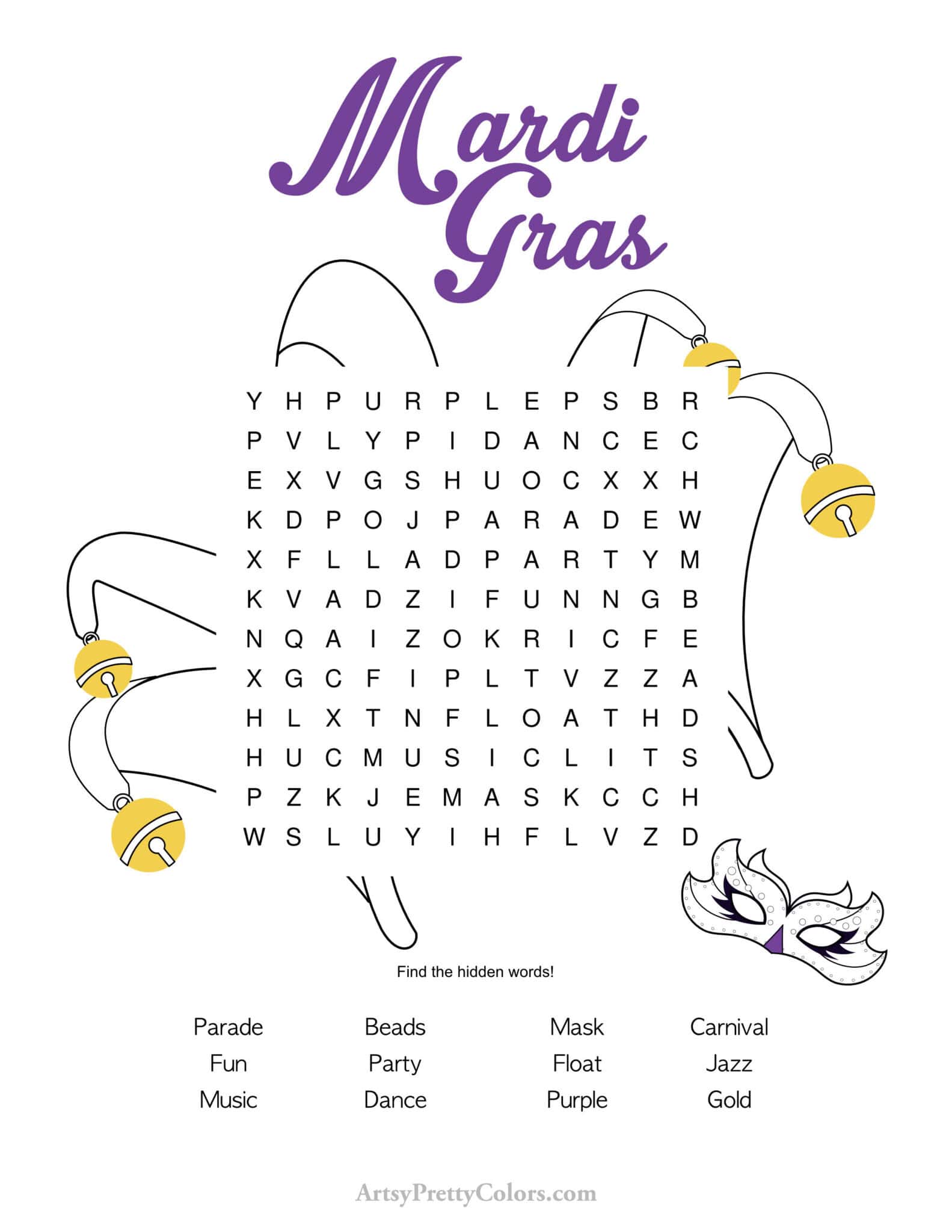 Mardi Gras Word Search Puzzles -Grab Them For Free - Artsy Pretty Colors