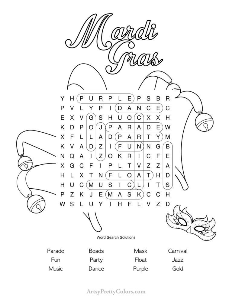 Mardi Gras Word Search Puzzles -Grab Them For Free - Artsy Pretty Colors