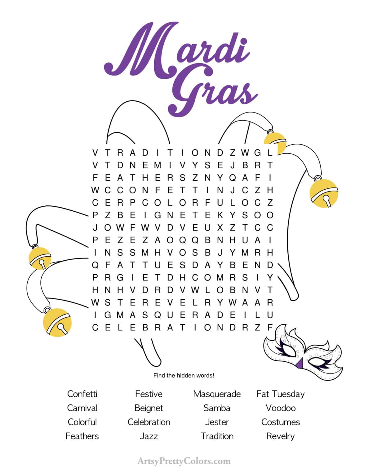 Mardi Gras Word Search Puzzles -Grab Them For Free - Artsy Pretty Colors