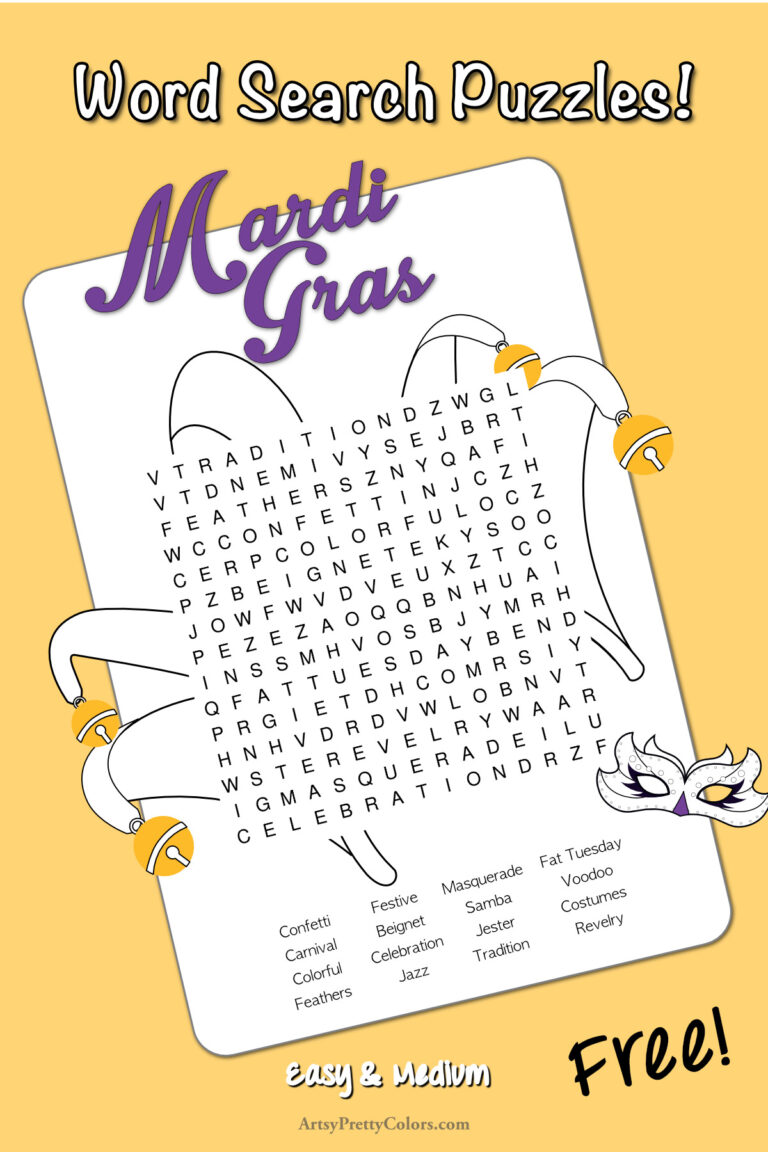 Mardi Gras Word Search Puzzles -Grab Them For Free - Artsy Pretty Colors